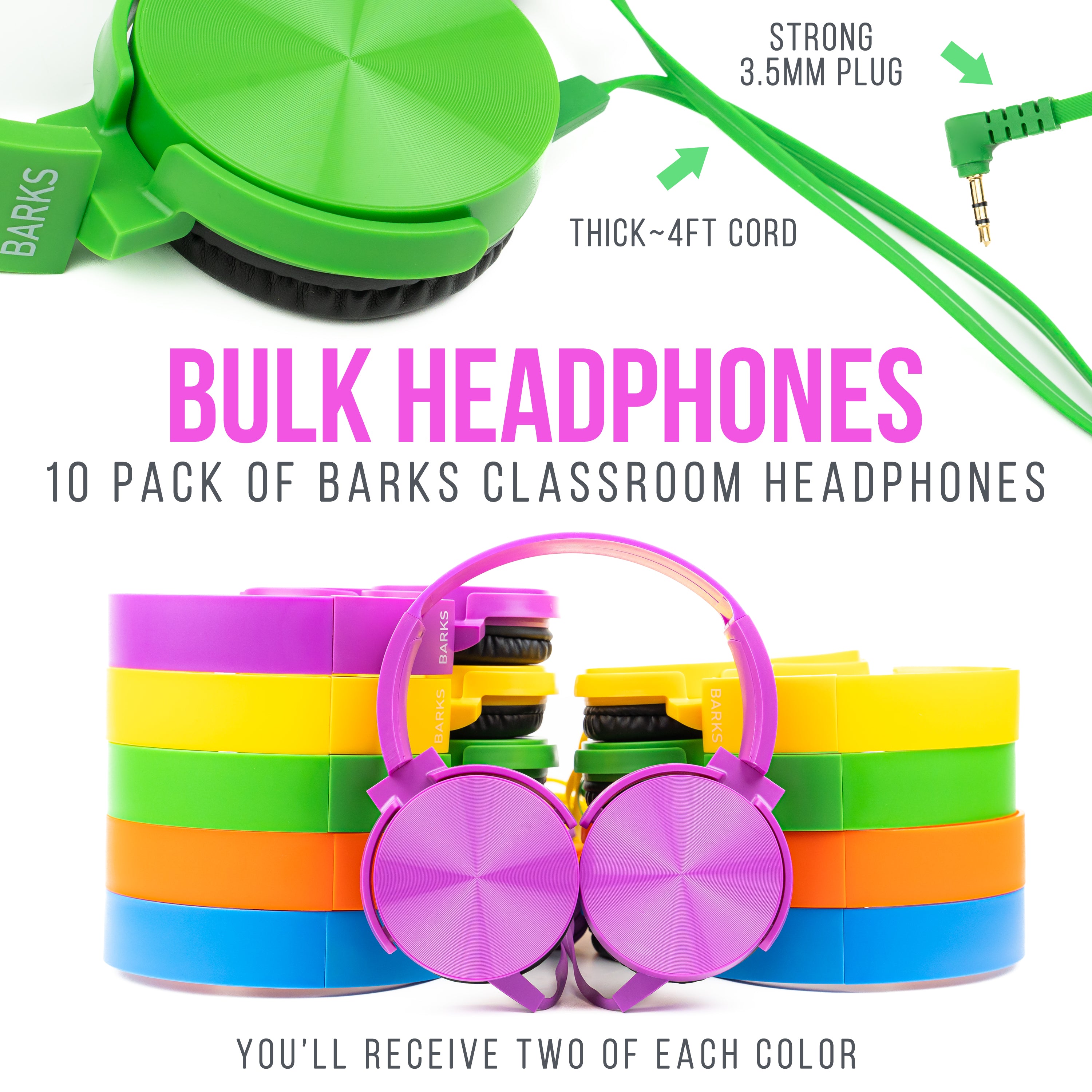 Colorful Bulk Headphones for Classrooms K-12 (10 Pack)